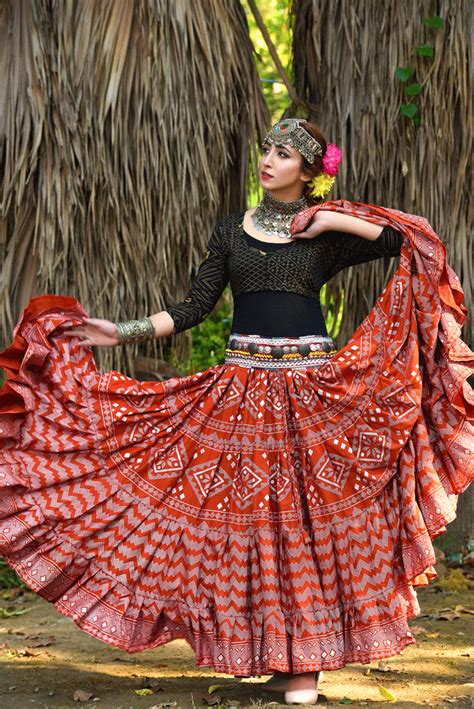 Block Print Assuit Pattern Skirt Orangesilver Senoritas Tribal Designs