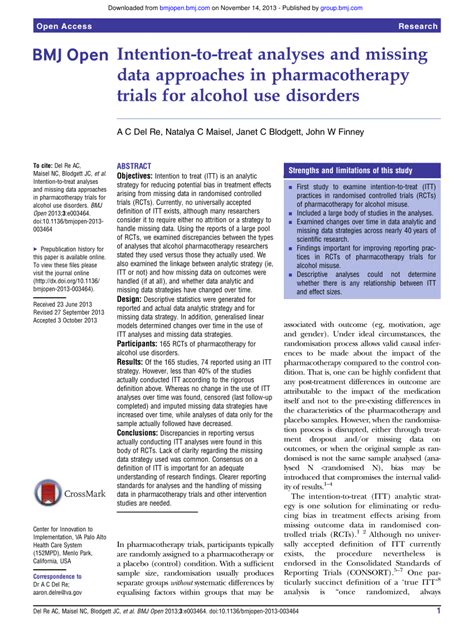 Pdf Intention To Treat Analyses And Missing Data Approaches In