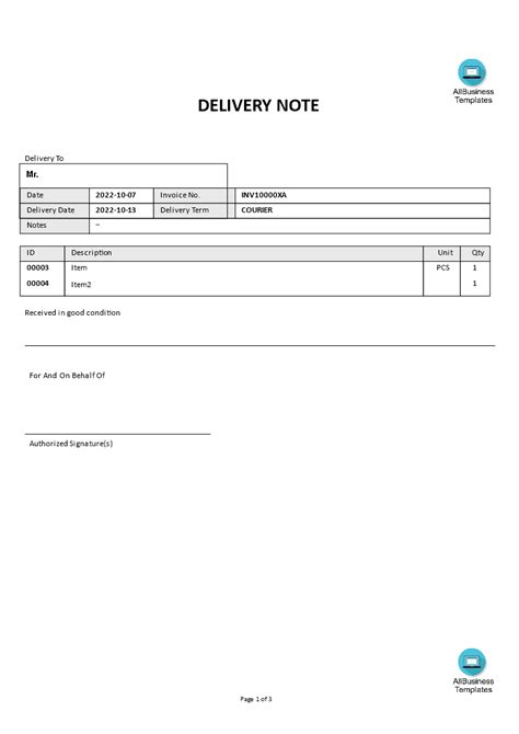Delivery Order Note Templates At