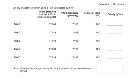 solved table view list view density of water calculation