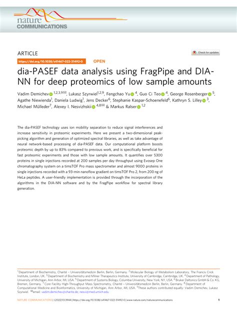 Pdf Dia Pasef Data Analysis Using Fragpipe And Dia Nn For Deep Proteomics Of Low Sample Amounts