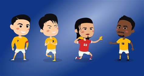 노란색 팀 유니폼을 입은 축구 선수 캐릭터 세트 프리미엄 벡터