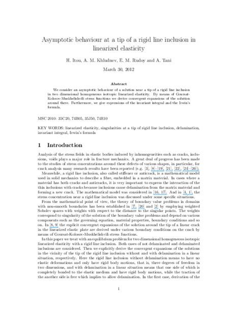 Pdf Asymptotic Behaviour At A Tip Of A Rigid Line Inclusion In