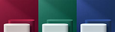 진한 빨강 녹색 파랑 및 흰색 3d 배경에 둥근 스탠드 제품 연단이 있는 세트 쇼케이스 배너 프로모션 디스플레이를 위한 최소 벽 장면 모형 제품 무대 추상 벡터 기하학적