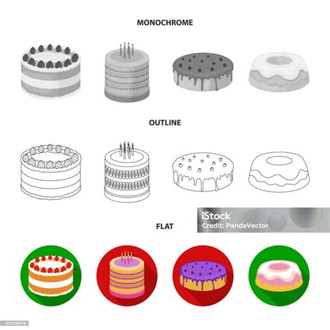 단 맛 디저트 크림 당 밀 케이크 나라 평면 개요 흑백 스타일 벡터 기호 재고 일러스트 웹 컬렉션 아이콘을 설정합니다 과일에