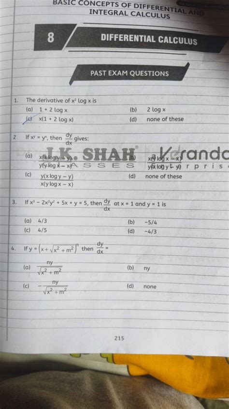 The Derivative Of X² Log X Is A 1 2 Log X B 2 Log X C X