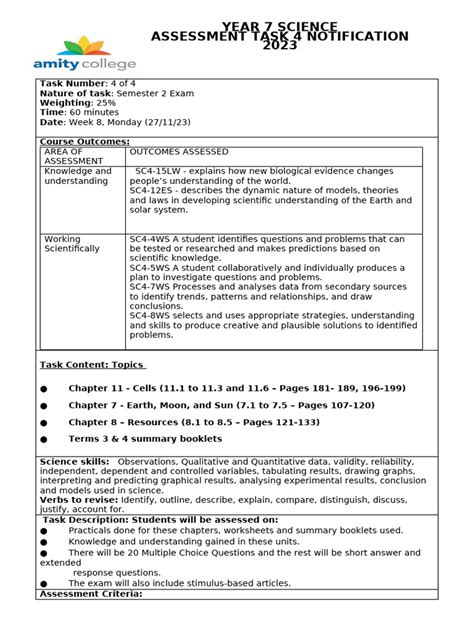 Y7 Science Task 4 Notification 2023 Pdf Science Educational