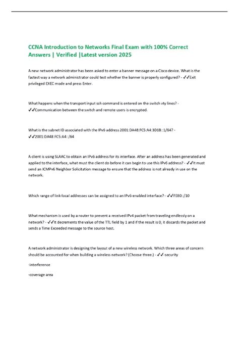 Ccna Introduction To Networks Final Exam With 100 Correct Answers Verified Latest Version