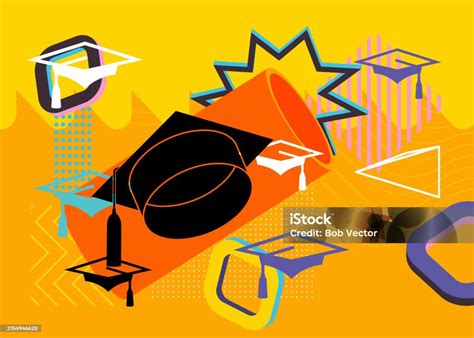 졸업 모자 박격포 보드 와 기하학적인 그래픽 복고풍 테마 배경 최소한의 기하학적 요소 빈티지 추상 모양 벡터 일러스트 레이 션 배경 주제에 대한 스톡 벡터 아트 및 기타