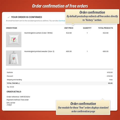 module to display order confirmation page for free orders