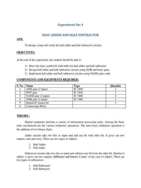 Experiment 4 Half Adder And Half Subtractor Pdf Logic Gate