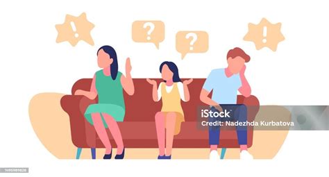 남편과 아내의 다툼 딸은 아버지와 어머니 중에서 선택합니다 가족의 오해 혼란스러운 소녀 화난 남자와 여자가 말다툼을 하고 있다 사람들의 의견 불일치와 갈등 벡터 개념 아이에