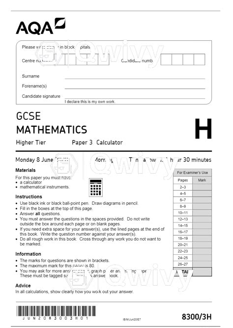 Aqa Gcse Mathematics Higher Tier Paper 3 June 2020