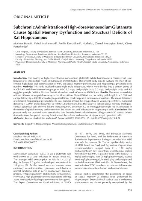 Pdf Subchronic Administration Of High Dose Monosodium Glutamate