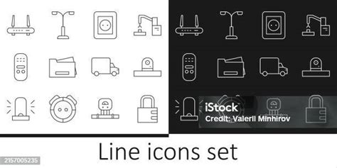 회선 안전 조합 잠금 장치 보안 카메라 전기 콘센트 프린터 원격 제어 라우터 및 Wifi 신호 배달화물 트럭 및 가로등 아이콘을