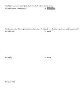 Trig Identities Review Packet With Answers TpT