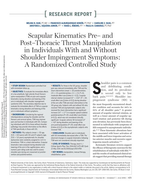 PDF Scapular Kinematics Pre And Post Thoracic Thrust Manipulation In Individuals With And