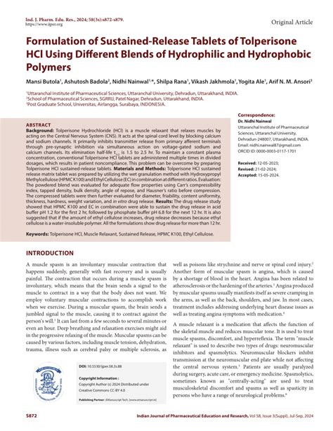 Pdf Formulation Of Sustained Release Tablets Of Tolperisone Hcl Using