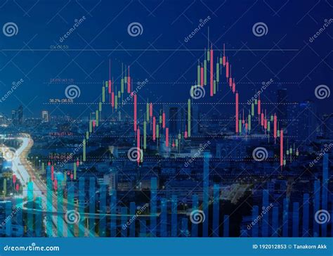 Stock Graph Chart With Fibonacci Indicator And Cityscape Night View