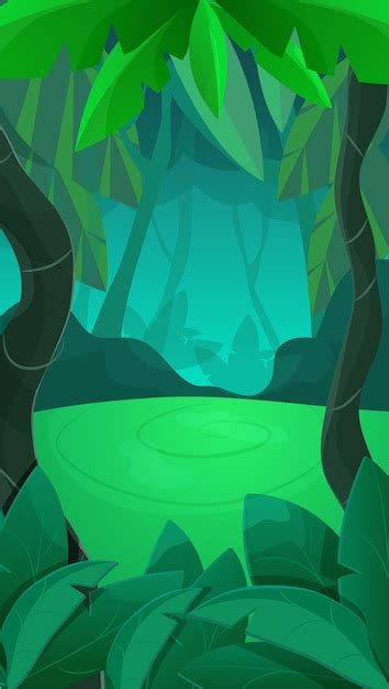 정글 숲 게임 시작 화면 만화 스타일의 수직 배경 어두운 마법의 밤 프리미엄 벡터
