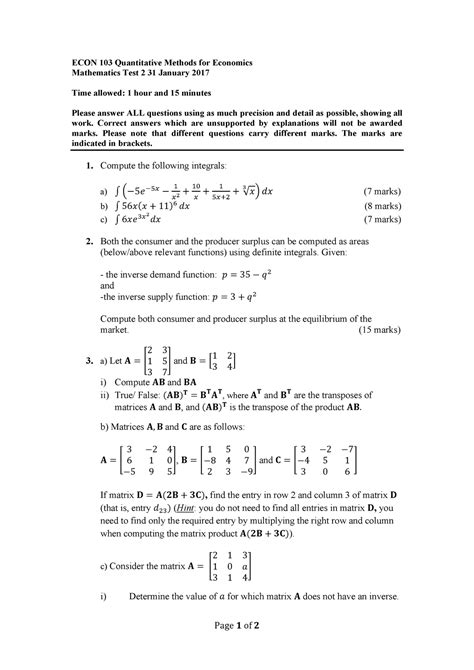 Econ103 Test 2 2017 Questions Econ 103 Quantitative Methods For Economics Mathematics Test 2