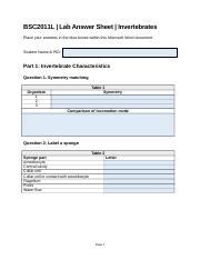 Lab 6 Answer Sheet Invertebrates Docx BSC2011L Lab Answer Sheet Invertebrates Place Your
