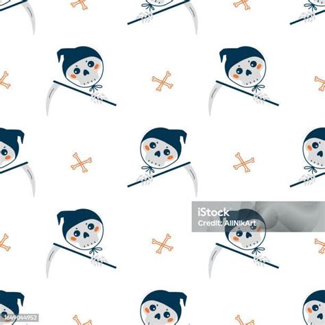 할로윈 원활한 패턴 두개골과 뼈 저승사자 캐릭터 벡터 그림입니다 10월에 대한 스톡 벡터 아트 및 기타 이미지 10월 가을