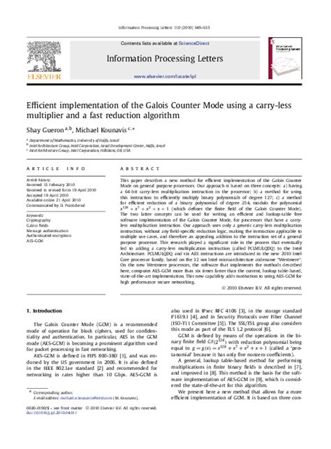 pdf efficient implementation of the galois counter mode using a carry