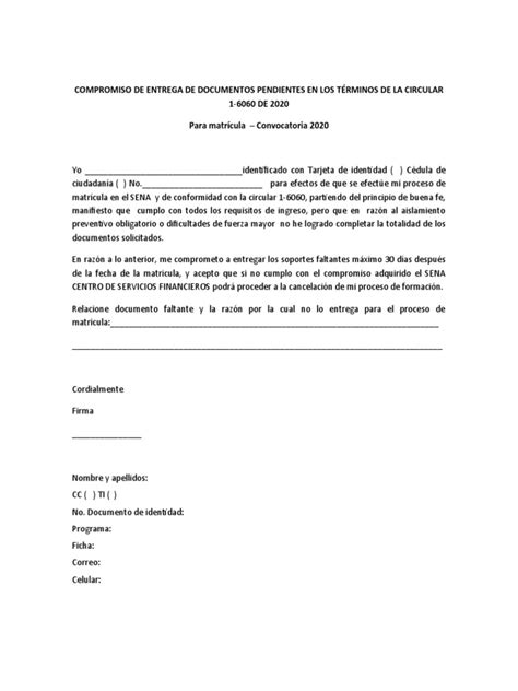 Compromiso Entrega Documentos Pendientes Pdf