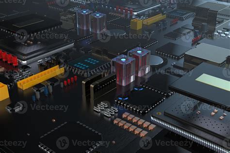 Printed Circuit Board With Microchips Processors And Other Computer Parts On A Dark Background