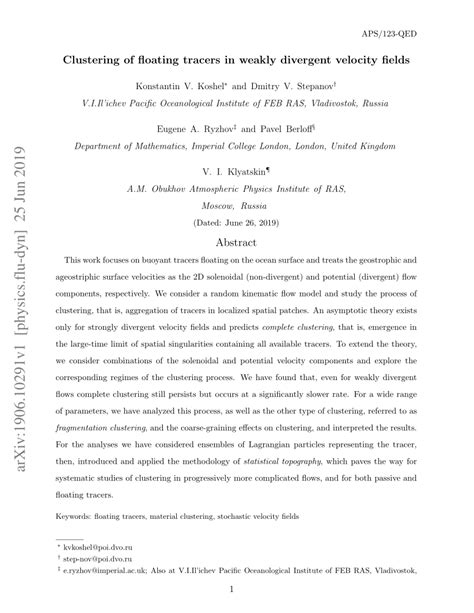 Pdf Clustering Of Floating Tracers In Weakly Divergent Velocity Fields
