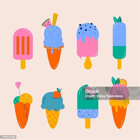 손으로 그린 다양한 아이스크림 세트 손으로 그린 플랫 디자인 개체 그룹에 대한 스톡 벡터 아트 및 기타 이미지 개체 그룹 과일 구 Istock