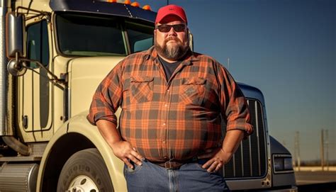 An Overweight Male Truck Driver Is Standing Next To His Truck Taking A