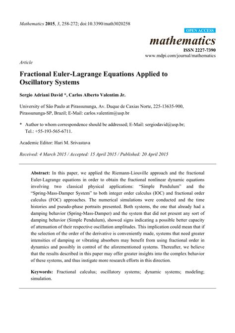 pdf fractional euler lagrange equations applied to oscillatory systems