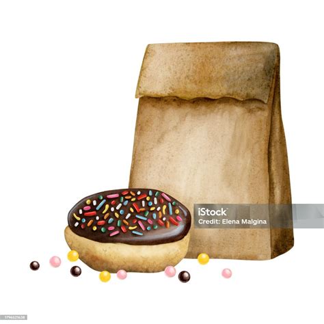 초콜릿 글레이즈드 도넛 스프링클 둥근 사탕 및 테이크 아웃 수채화 그림을위한 종이 공예 가방 아침 식사 및 커피 브레이크 디자인을 위해 흰색 배경에 고립 0명에 대한 스톡