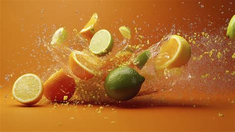 A Vibrant Orange Background With A Dynamic Explosion Of Citrus Fruits Including Oranges Lemons