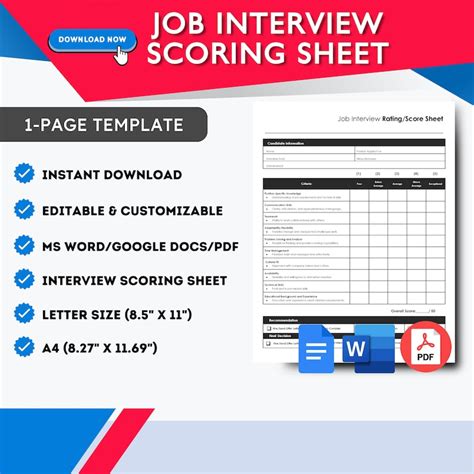 Interview Rating Sheet Interview Score Sheet Interview Scorecard Interview Rating Form Interview