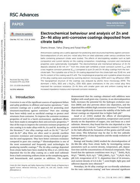 Pdf Electrochemical Behaviour And Analysis Of Zn And Znni Alloy Anti