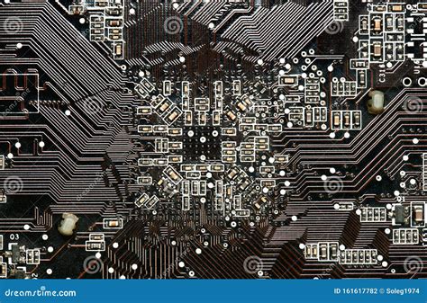 Printed Circuit Board And Microchip Or Cpu Closeup Electronic