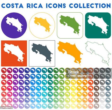 코스타리카 아이콘 컬렉션 밝고 다채로운 트렌디한 지도 아이콘입니다 국가 지도가 있는 현대 코스타리카 배지 벡터 일러스트 레이 션 외형선에 대한 스톡 벡터 아트 및 기타