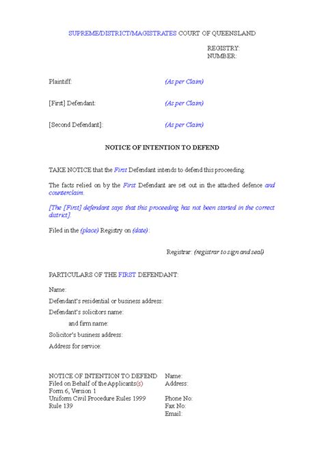 Form 6 Notice Of Intention To Defend Ucpr Supreme District Magistrates Court Of Queensland