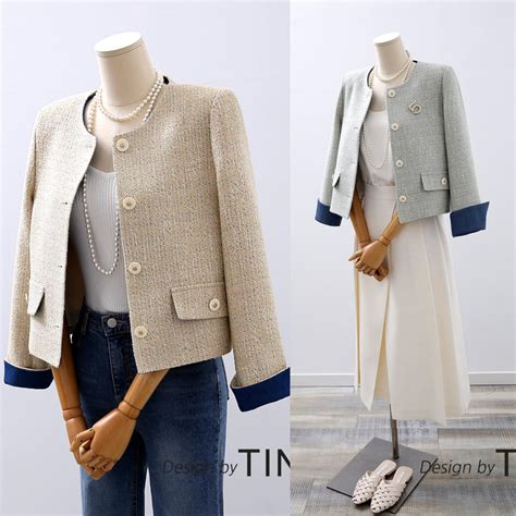 살롱드쥬 여성 봄자켓 배색 노카라 트위드자켓 긴팔 트위드셋업