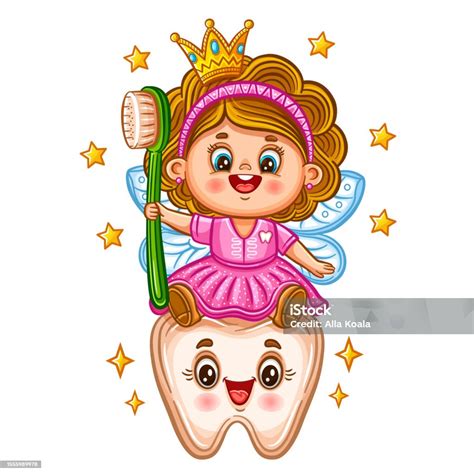 귀여운 이빨 요정 공주 칫솔 아이콘이 있는 마법의 비행 소녀 나비 캐릭터 날개를 가진 동화 같은 작은 엘프 치과용 치약을 청소하는 아이 구강 치아 위생 어린이 치과 벡터