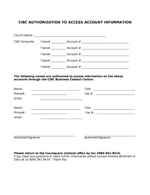 CIBC AUTHORIZATION TO ACCESS ACCOUNT INATION Doc Template PdfFiller