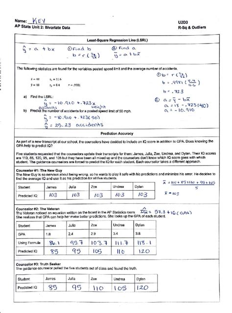 Ap Stats U2d3 Bivariate Data Predictions And Lsrl Analysis Studocu