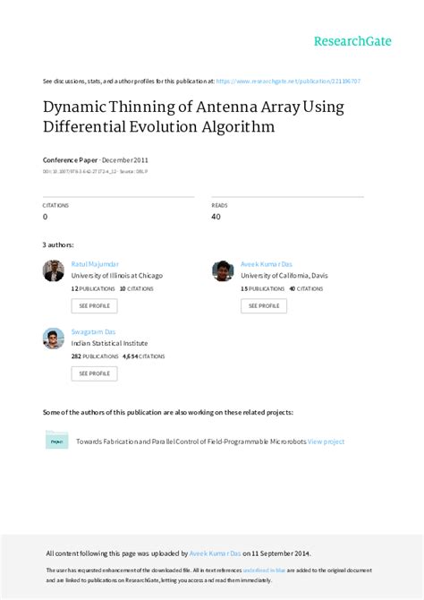 Pdf Dynamic Thinning Of Antenna Array Using Differential Evolution