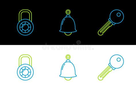 Set Line Key Safe Combination Lock Wheel And Ringing Bell Icon Vector Stock Illustration
