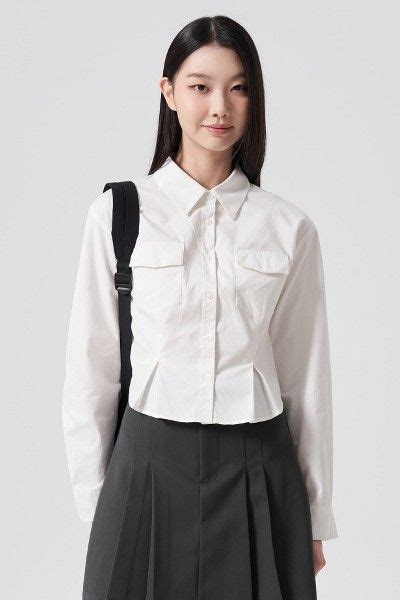 Seconds Cotton Waisted Dart Crop Shirt White Collared Shirts For Women KOODING Clothes