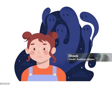 상상의 괴물을 가진 소녀 그림자를 무서워하는 아이 부정적인 느낌과 감정 정신적 문제 및 심리적 장애 두려움에 떨고 있는 아이 평면 벡터 그림 귀신에 대한 스톡 벡터 아트 및