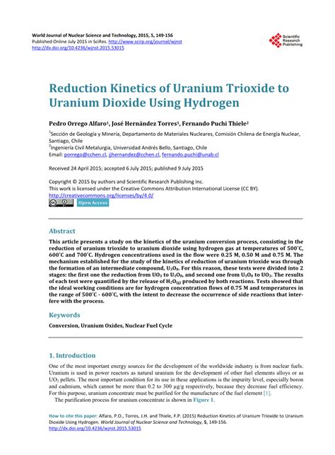 Reduction Kinetics Of Uranium Trioxide To Uranium Dioxide Using
